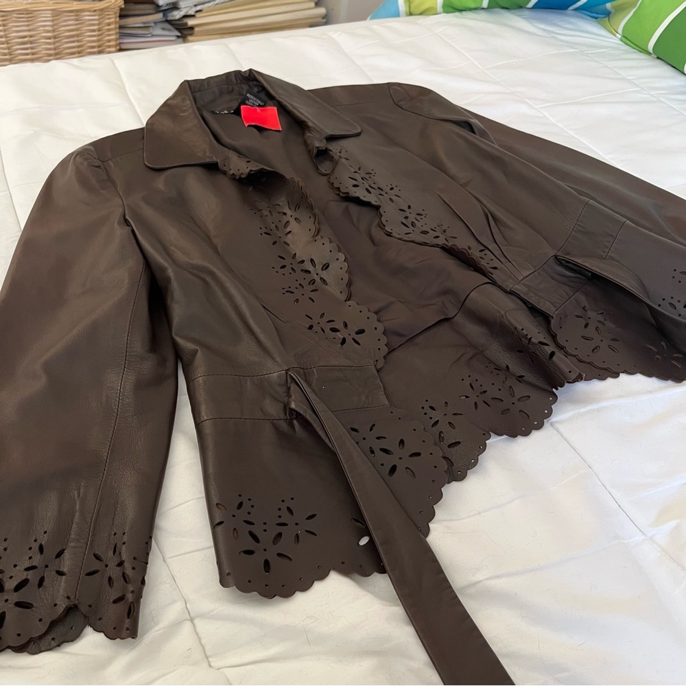 Leather Jacket With Floral Laser Cut Design - Gem